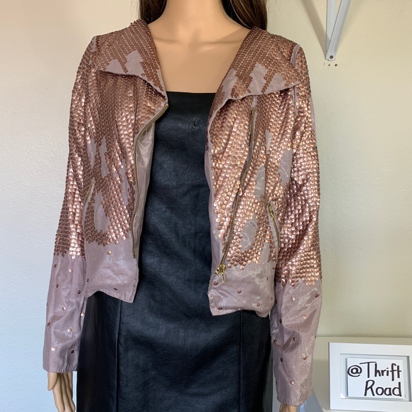 Lucy Paris | Jackets & Coats | Rose Gold Sequin Biker Jacket Sz L ...